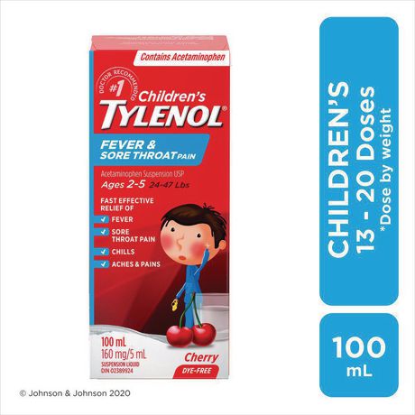 Tylenol Children's Fever & Sore Throat Pain Syrup, Dye-Free, Cherry Fl ...