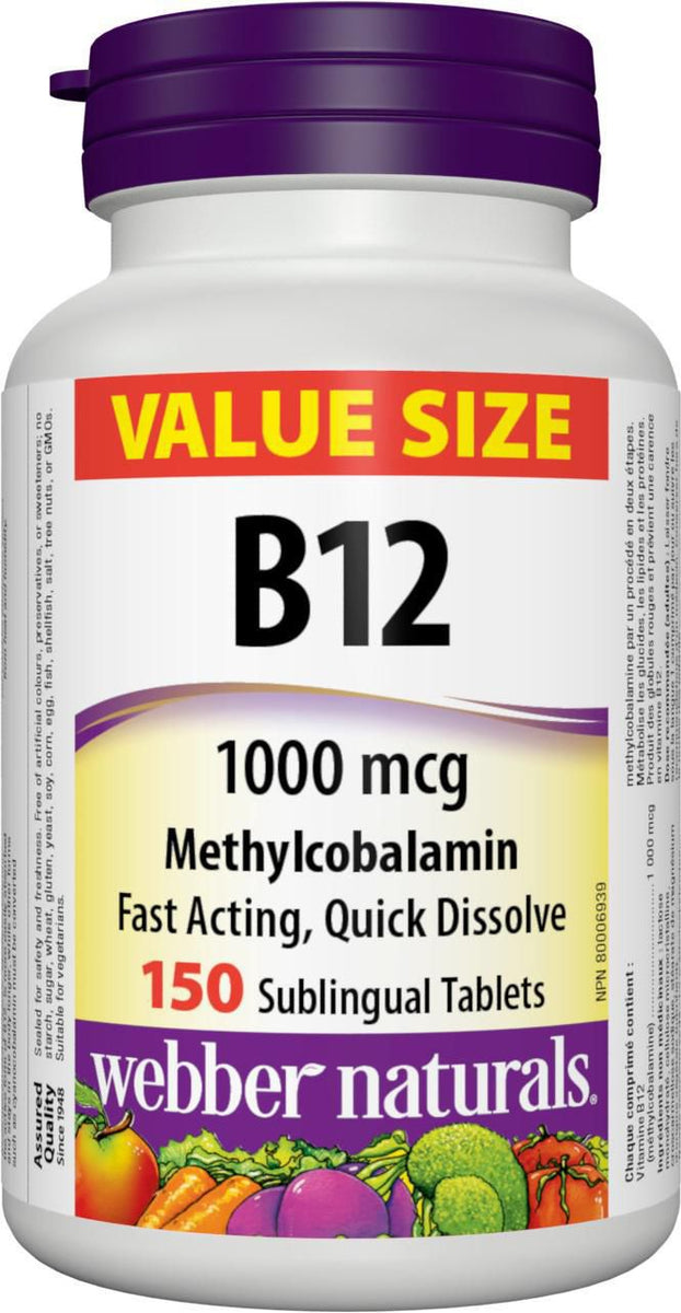Webber Naturals Vitamin B12 Methylcobalamin 1000 mcg - 150 sublingual ...