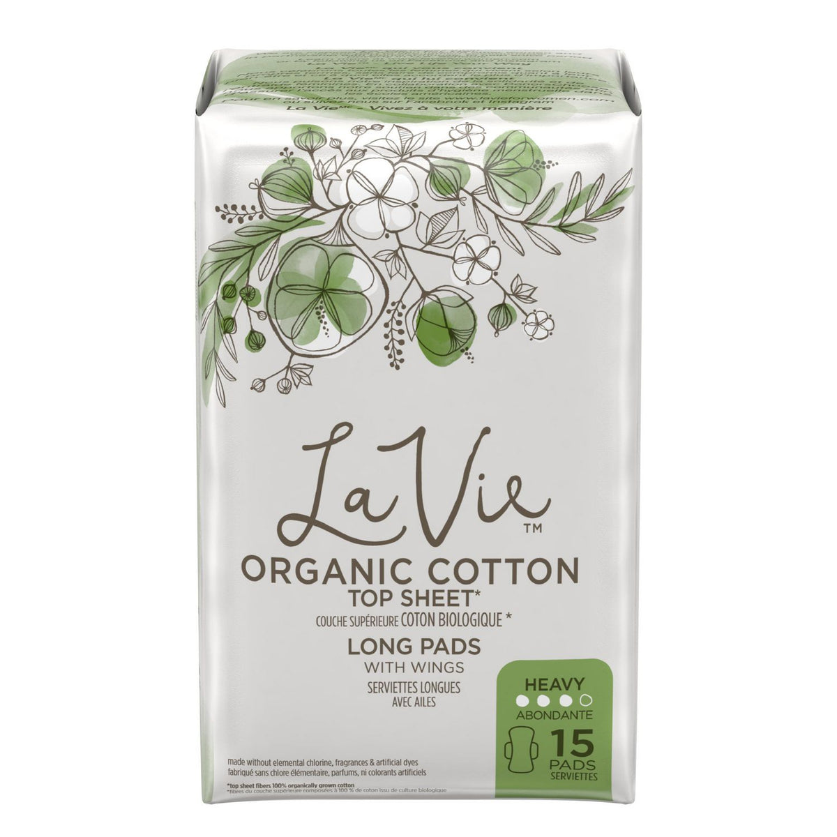 La Vie Organic Cotton Long Pads with Wings for Heavy Flow - 15 pads ...