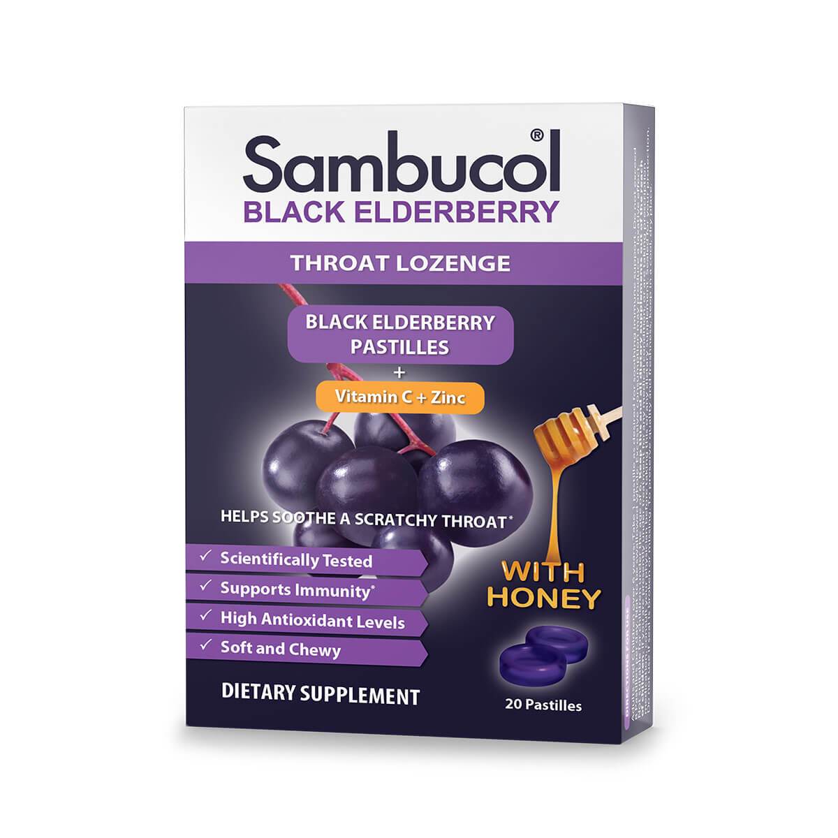 Sambucol Throat Lozenge Black Elderberry Pastilles + Vitamin C + Zinc ...
